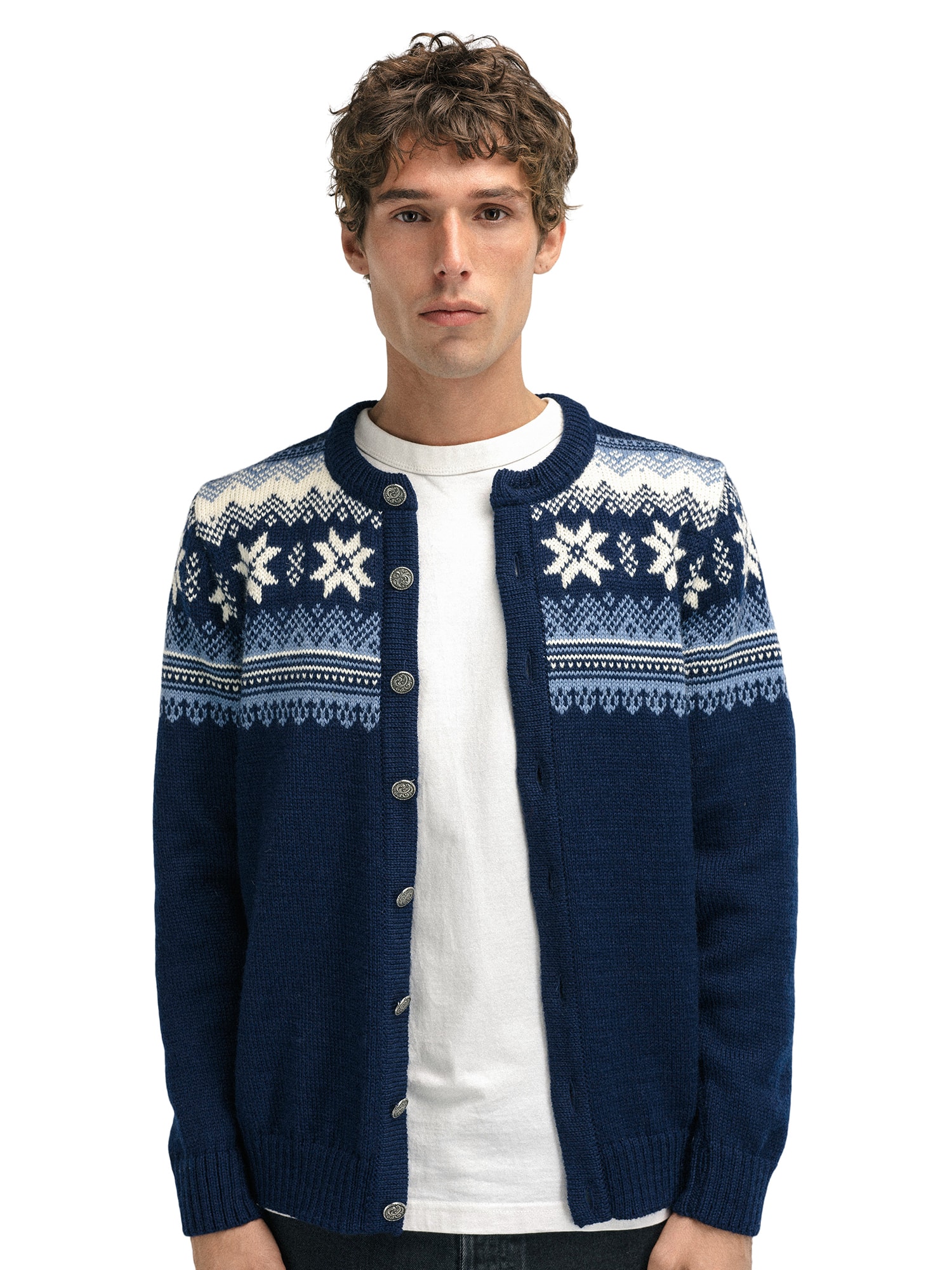 Veafjord men’s wool jacket in navy – retro Norwegian knit - Dale of Norway