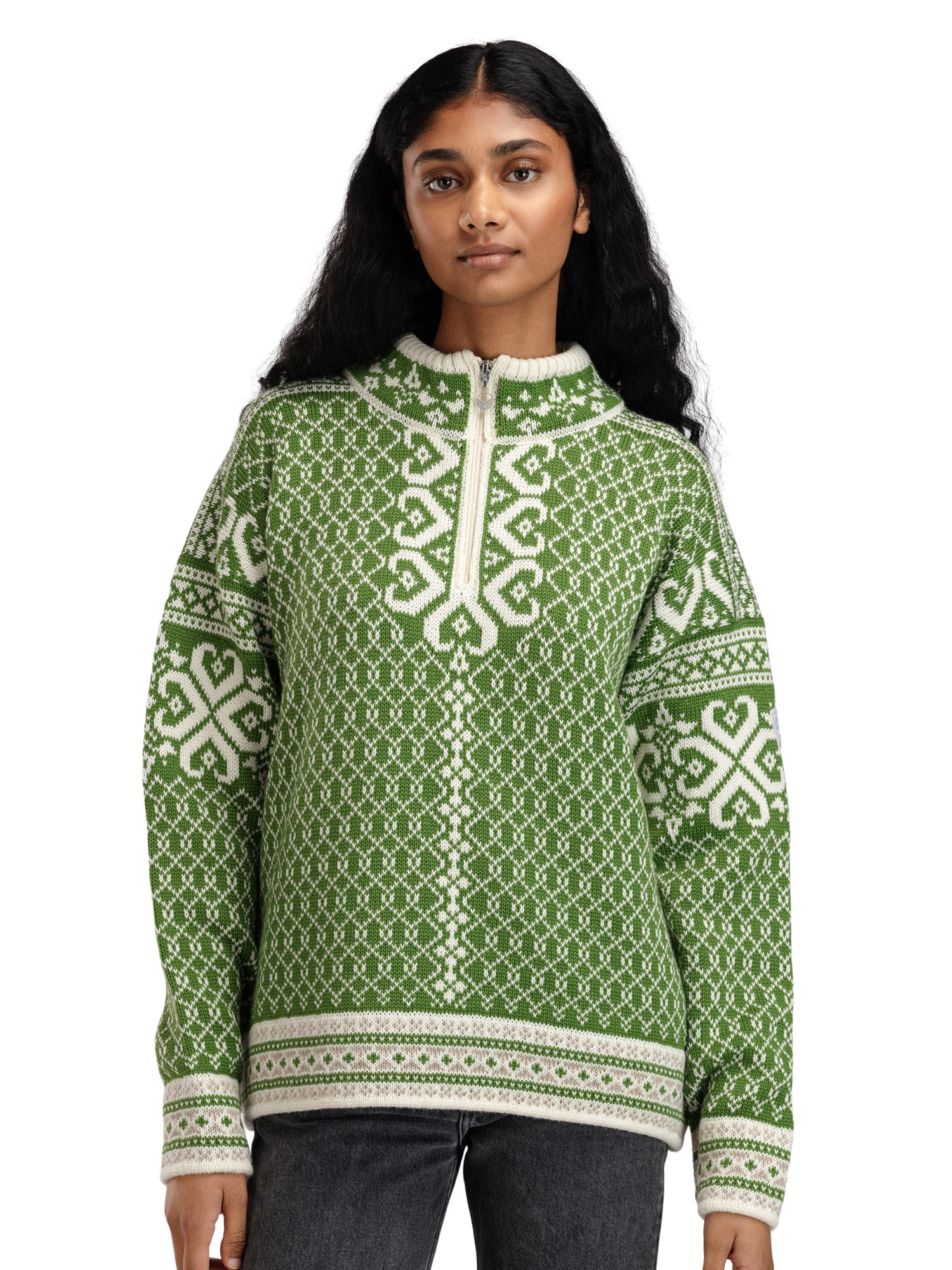 Leknes Fem Sweater Springgreen Off White Mountais - Dale of Norway